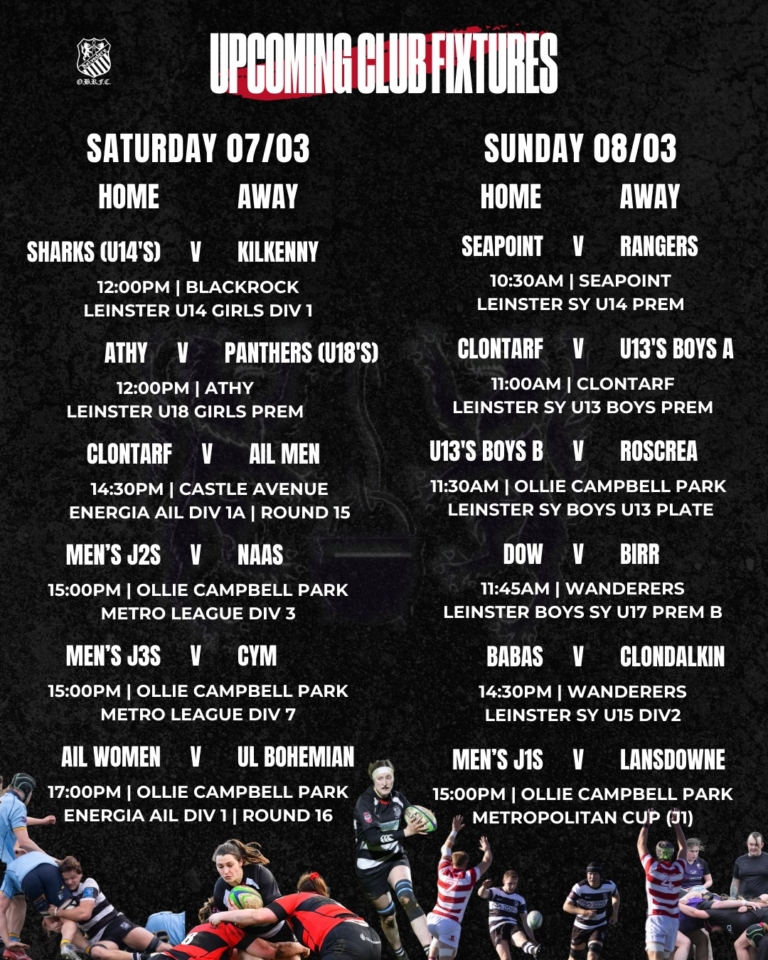 Upcoming Fixtures Week of 7th - 8th Mar 2026 - Old Belvedere RFC